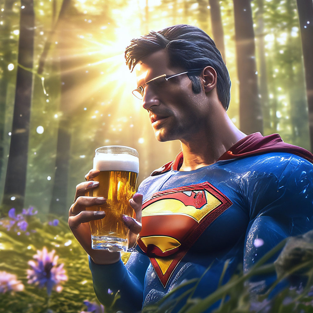 "Superman with a glass of beer, forest,sunset,flowers, clear weather ...