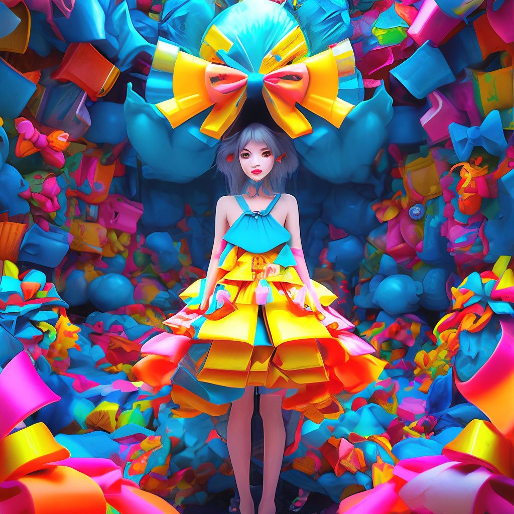 "A mysterious girl in a dress made of bows, a huge bow of bizarre shape ...