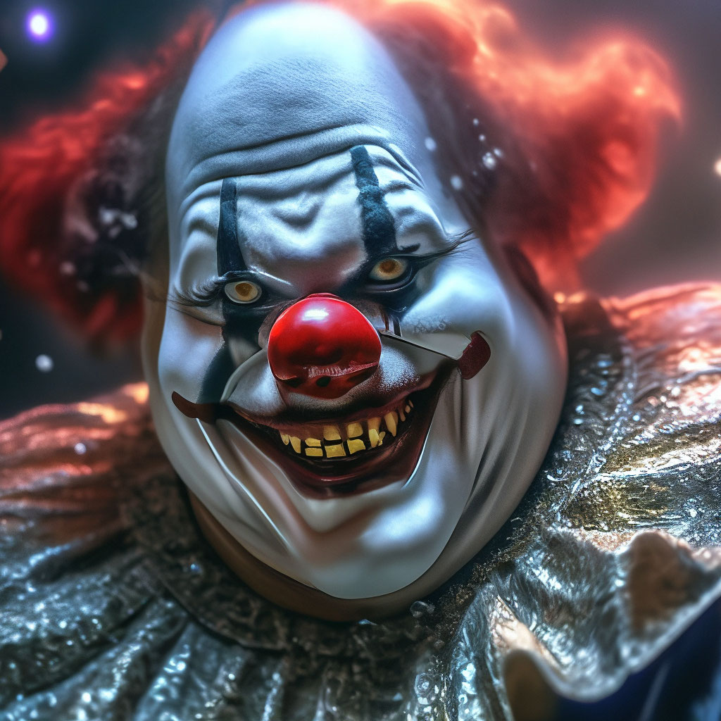 "Fat clown defiler from hell, bright light, evil sparkling eyes, big ...