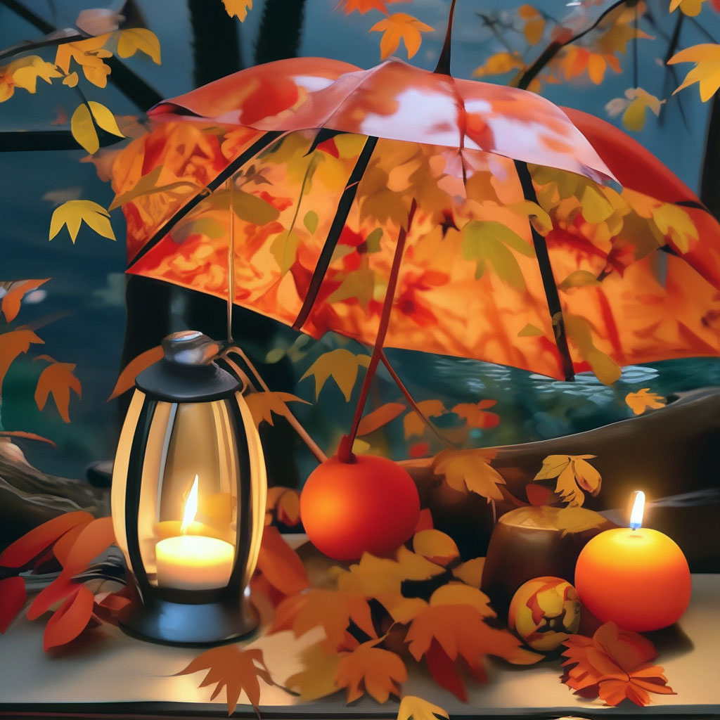 "Book, bonfire, umbrella, autumn, rowan leaves, rowan bunch, lantern ...