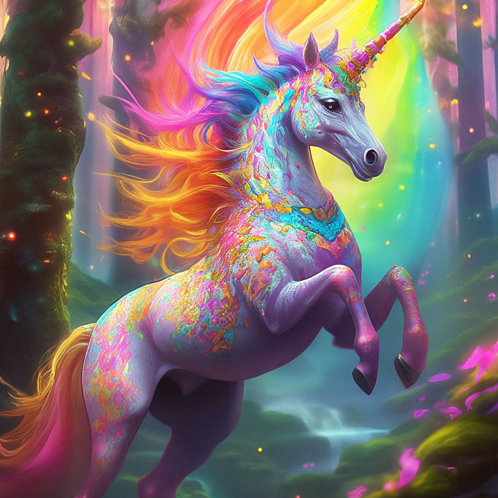 "Ancient rainbow unicorn, forest background,glitter, hyperdetalization," — image created in ...