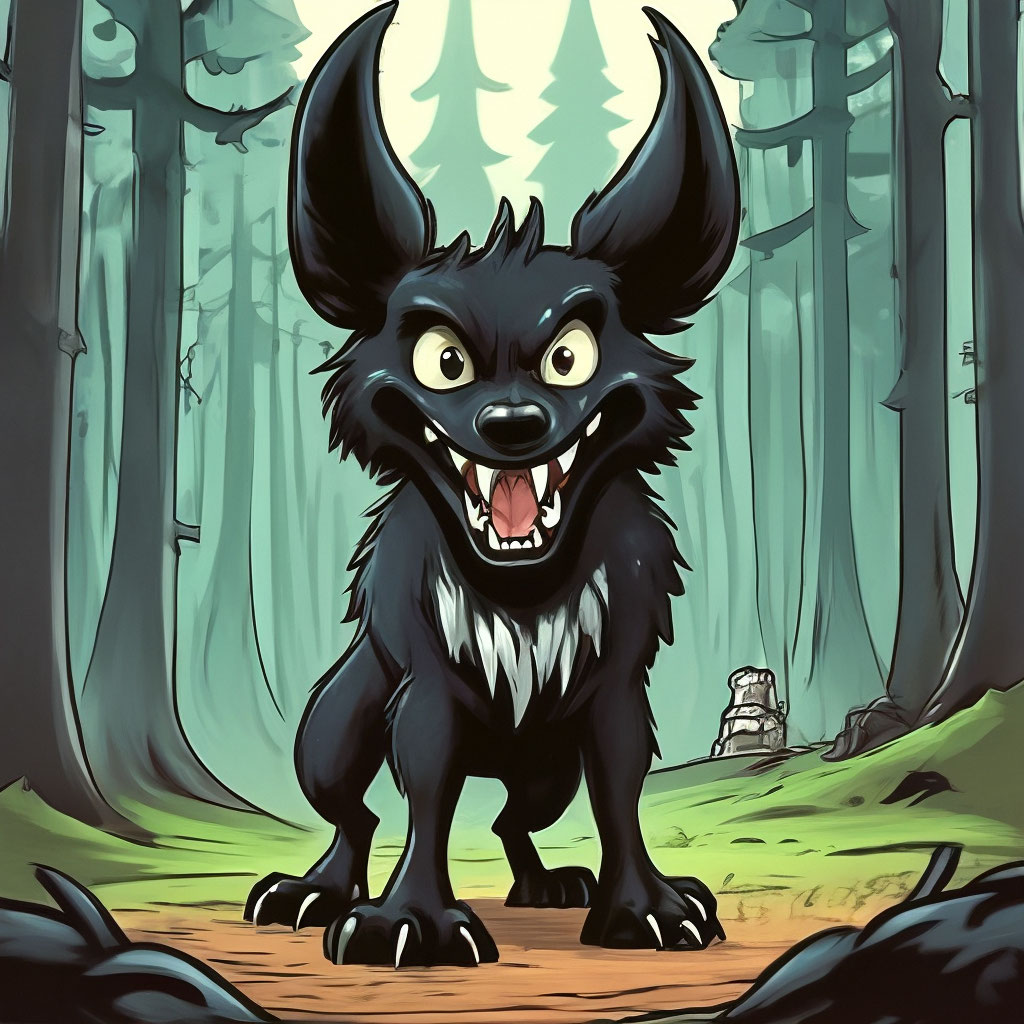 "A black monster dog with a round fluffy body with sharp ears sharp ...