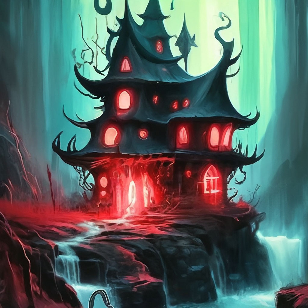 "Beautiful little witch house by the waterfall, graphic drawing ...