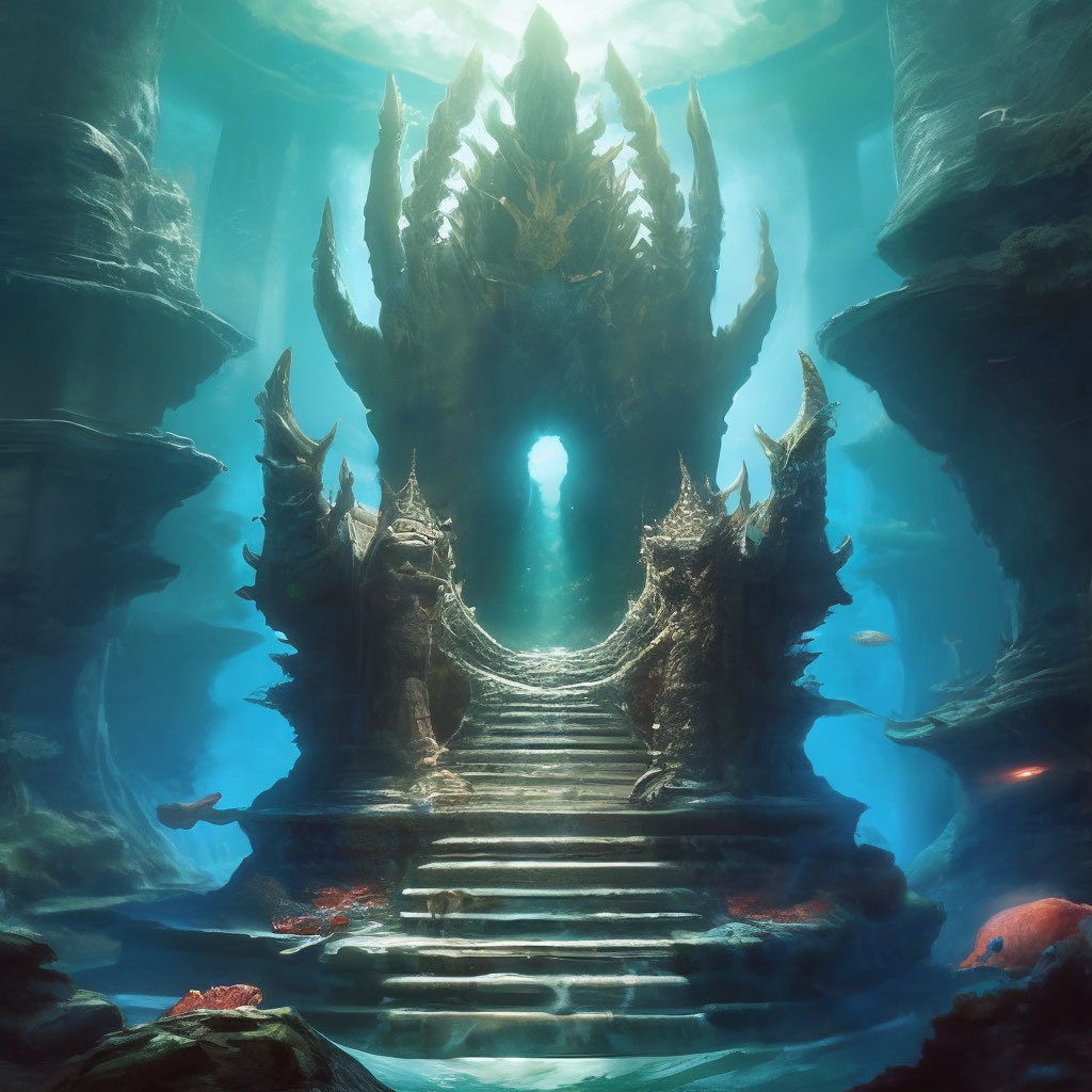 "The ancient throne of the underwater hand" — image created in Shedevrum