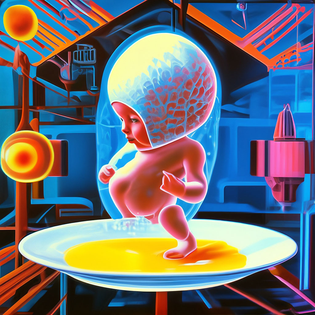 "A human embryo on a plate with milk in the style of surrealism and ...
