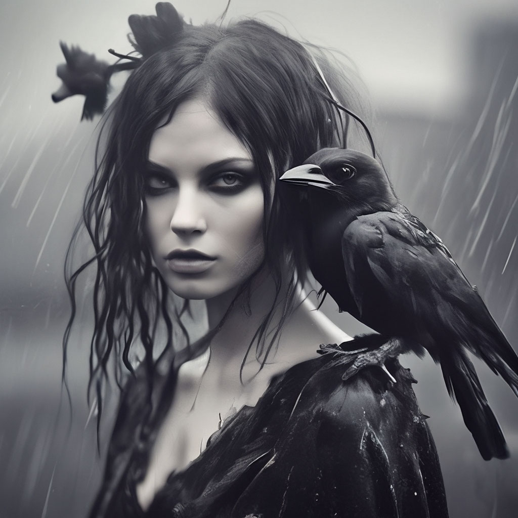 "Strange Gothic girl with a crow on her shoulder, rain, fog sepia wet ...