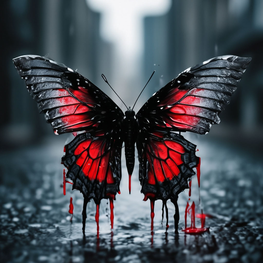 "Black butterfly red splashes, horror, pain, horror, nightmare, rain ...
