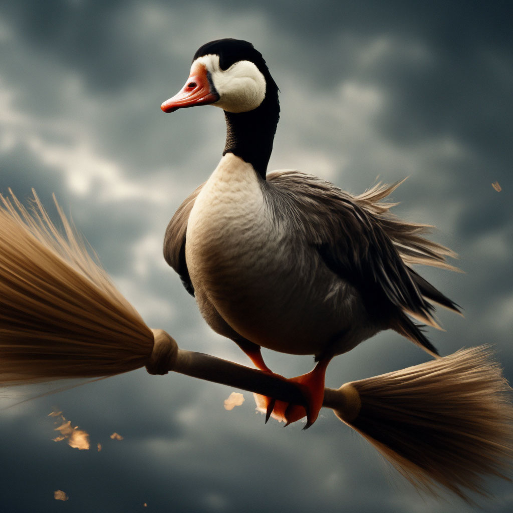 "Goose on a broom" — image created in Shedevrum