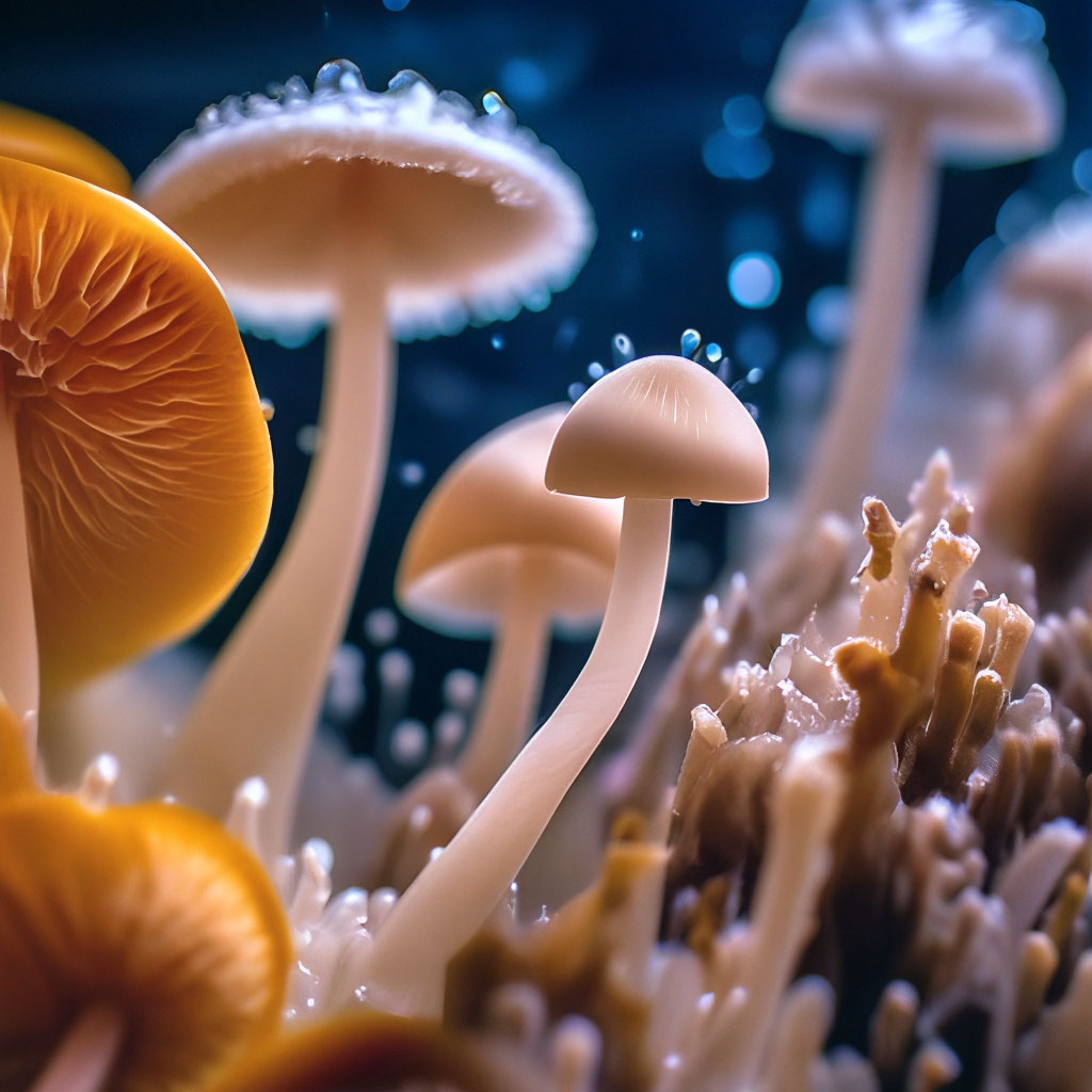 "Mushrooms under a wet microscope" — image created in Shedevrum