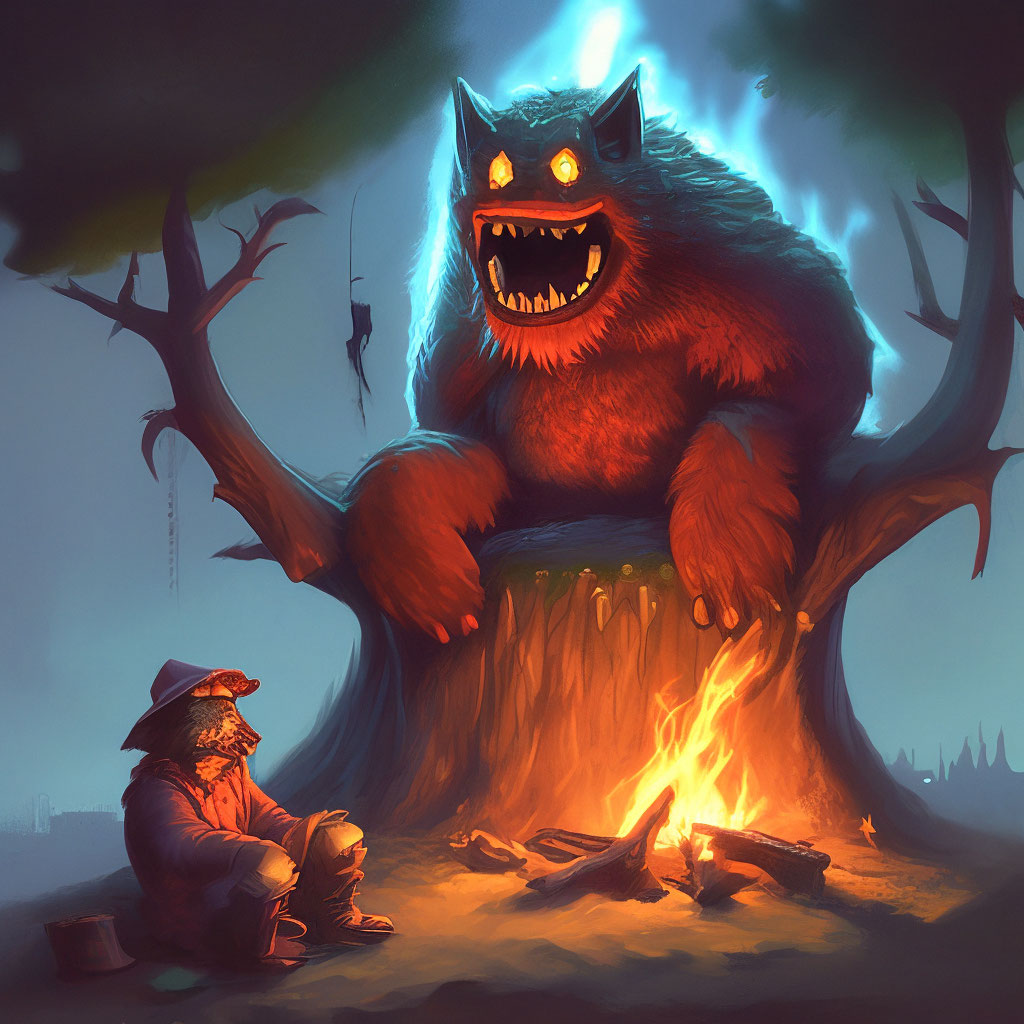 "The monster is sitting on a tree.a fire is burning and a hut with the ...