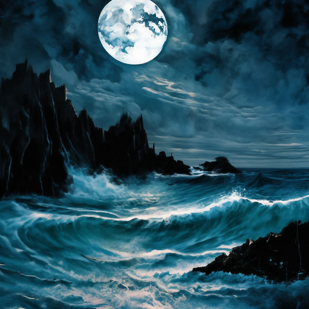 "Moon call, dark, dark, high detail, fog jets over the ocean ...