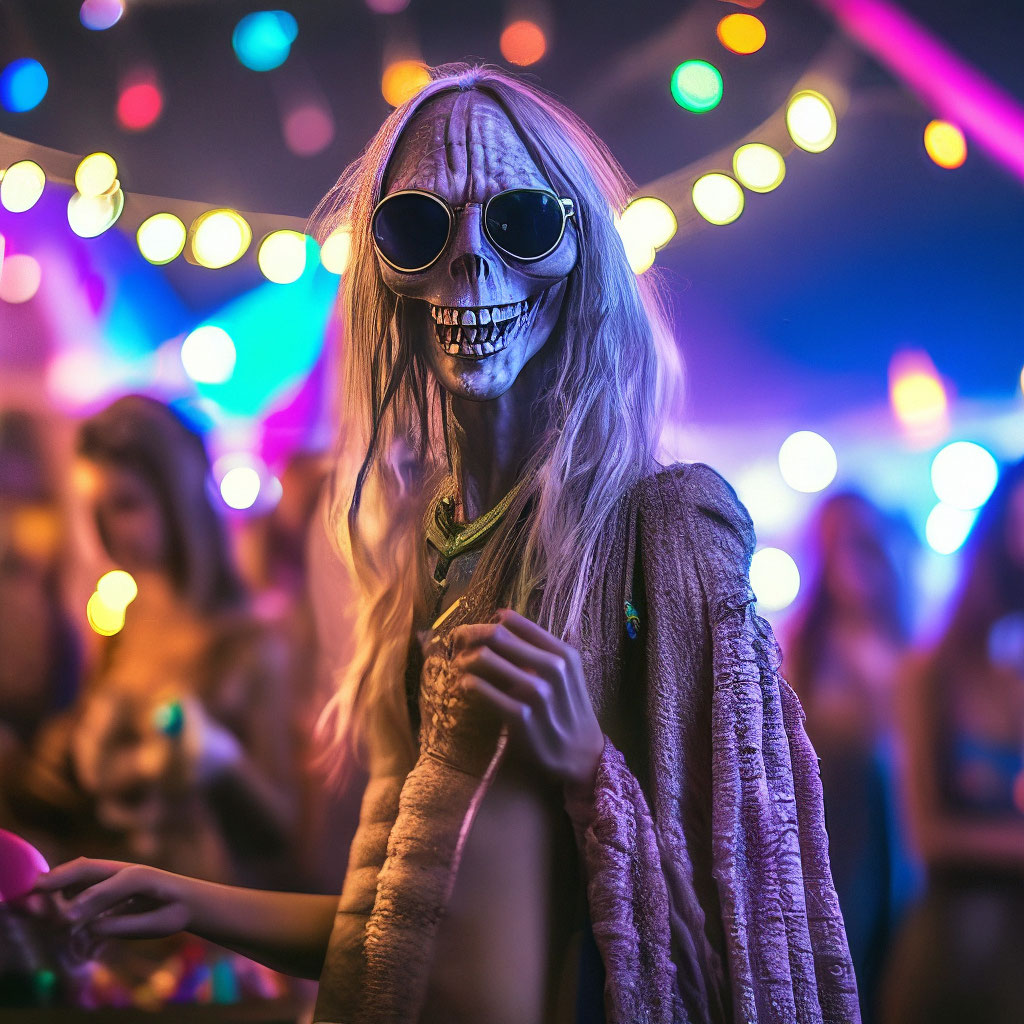 "Hippie ghoul at a hippie night party with lights, realism, high detail ...