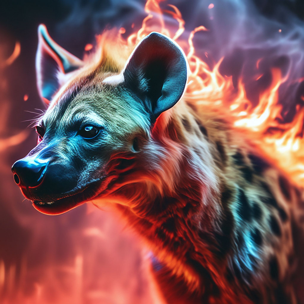 "Hyper realistic, ghostly translucent fire hyena misty with spores of ...
