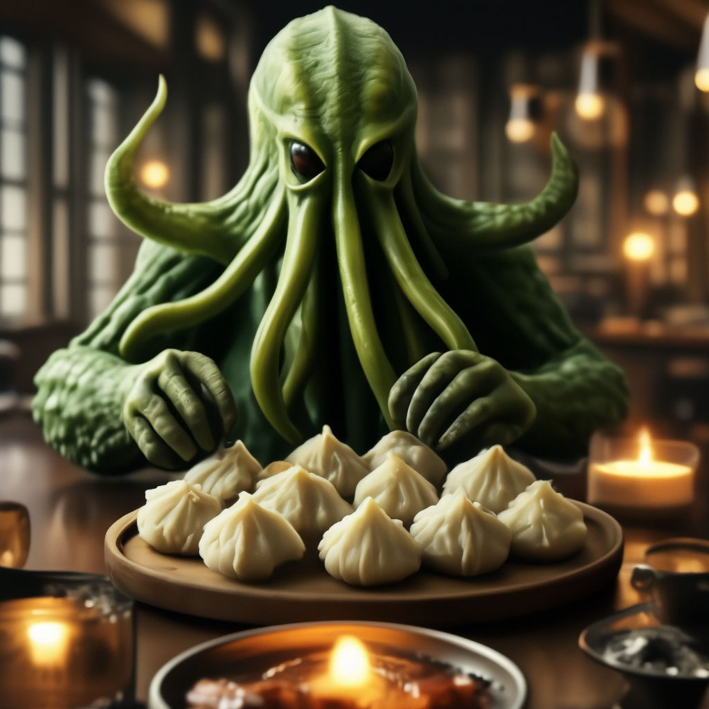 "Cthulhu eats dumplings and watches anime" — image created in Shedevrum