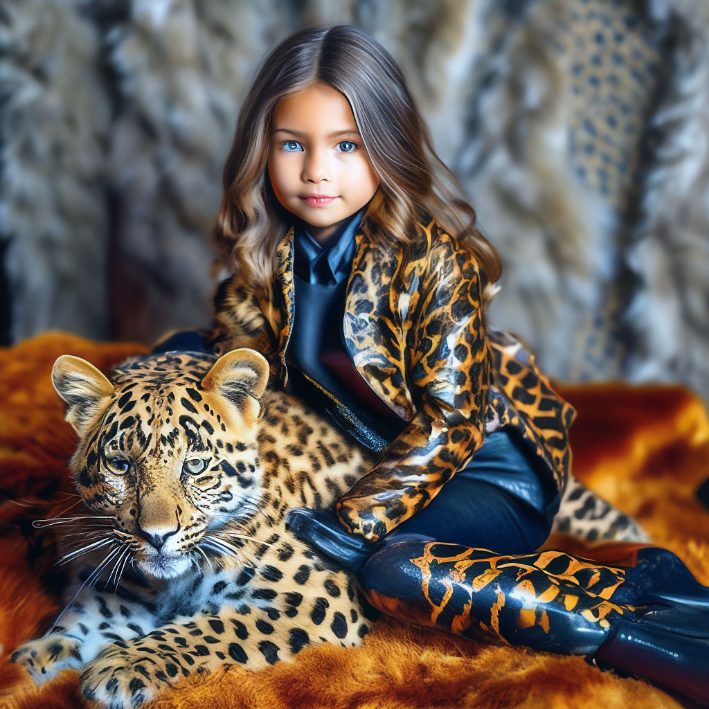 "🥳🐆 cute girl in leopard leather suit sits on a fluffy rug with the ...
