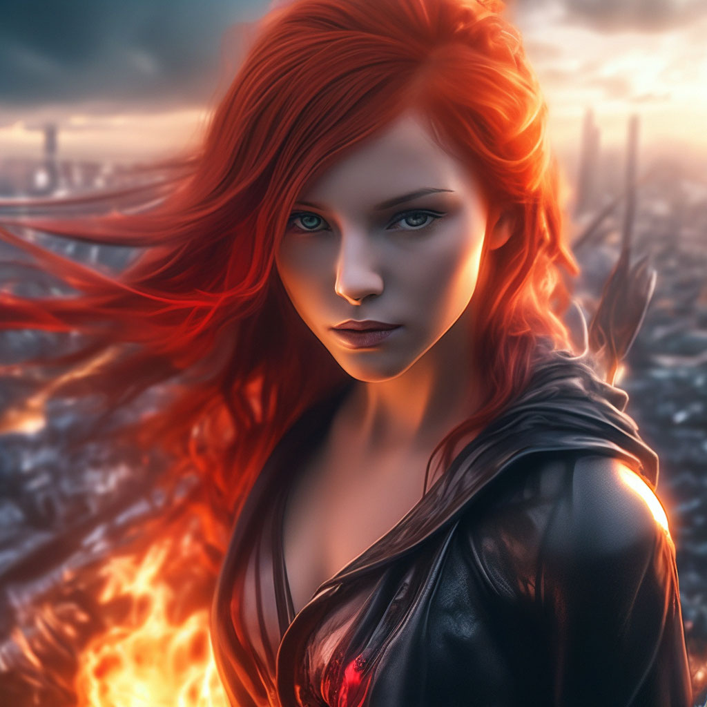 "Sinister, magical girl, red hair, hovering over the city, flames, cgi ...