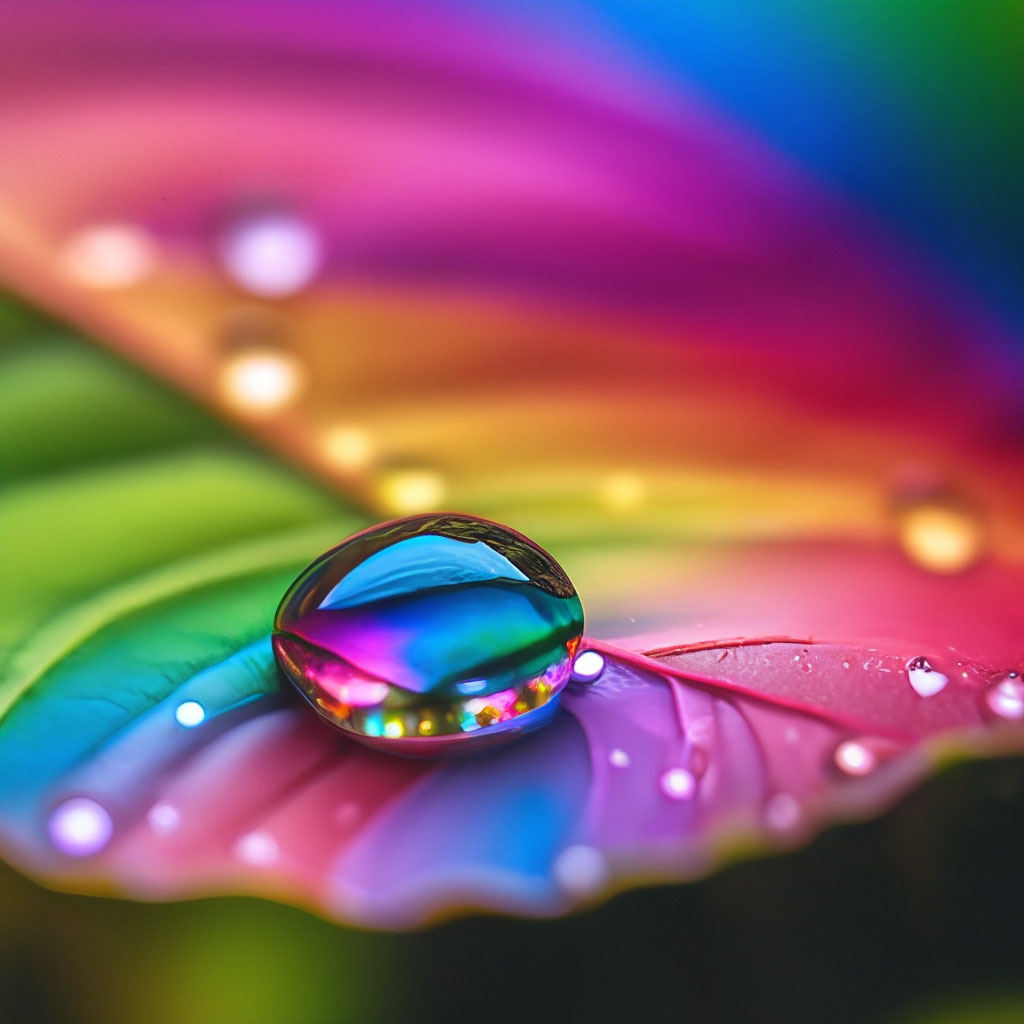 "Rainbow drop with rainbow leaves, aesthetically pleasing, beautiful ...