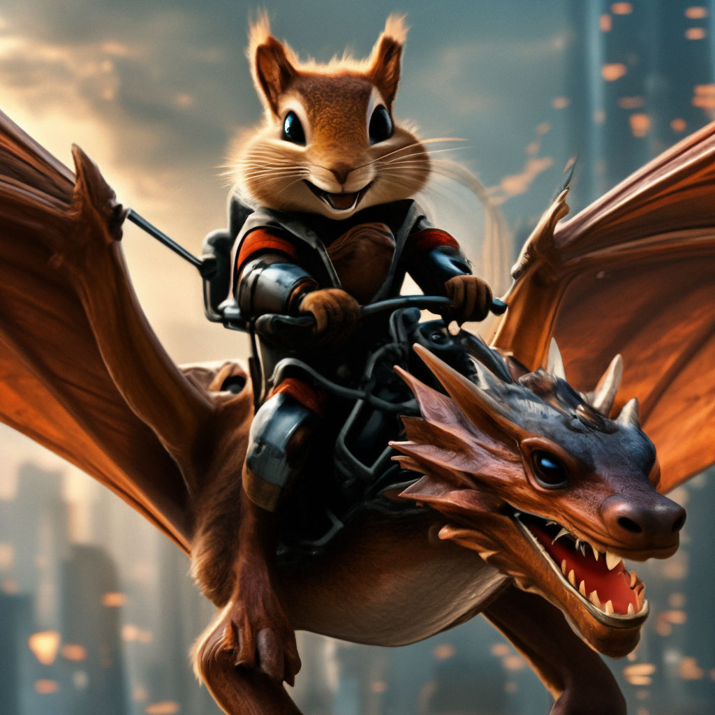"A happy squirrel flies on a dragon" — image created in Shedevrum