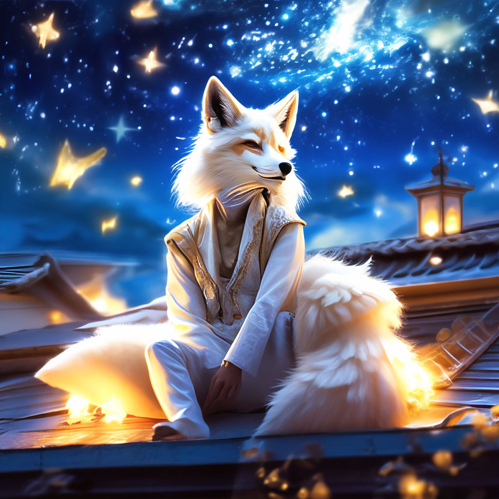 "Kitsune with a beautiful man's face, handsome, sitting on the roof ...