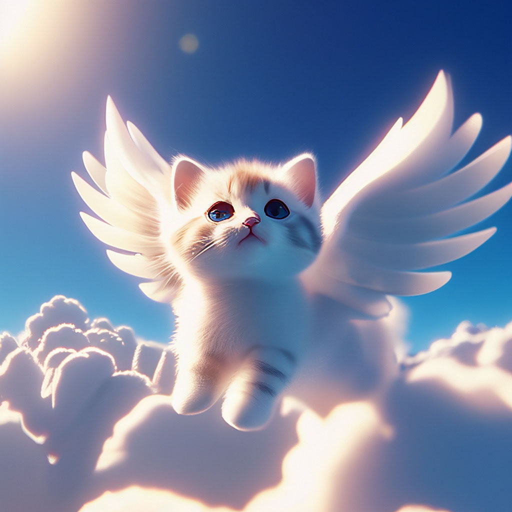"A cute little angel cat is flying in the clouds. The sun. Hyper ...