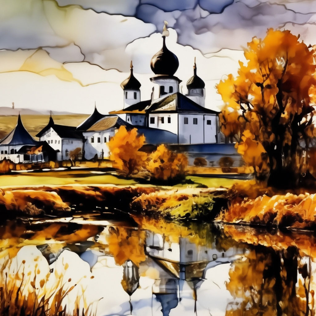 "Monastery,river, wet watercolor, alcohol ink, spot drawing of details ...