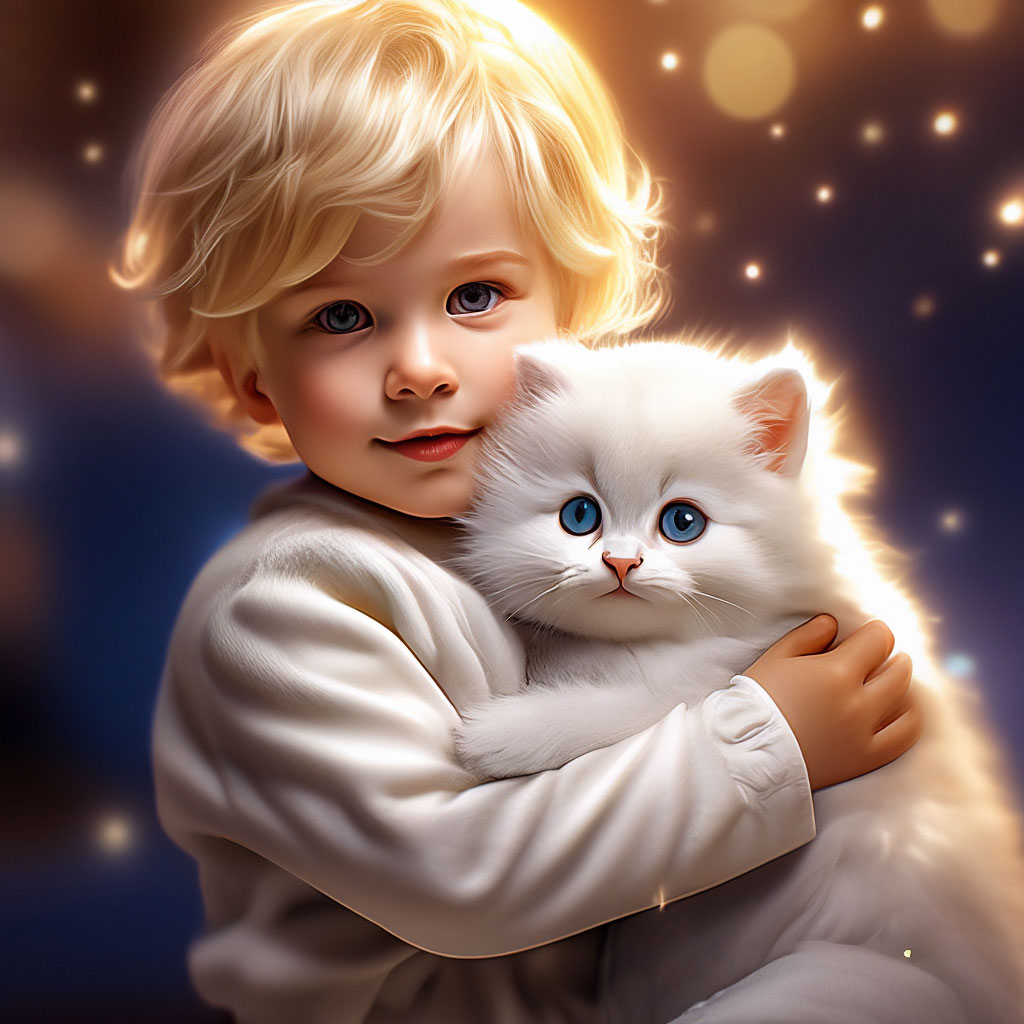 "Cute little blond boy hugs a white fluffy kitten , soft light, glitter ...