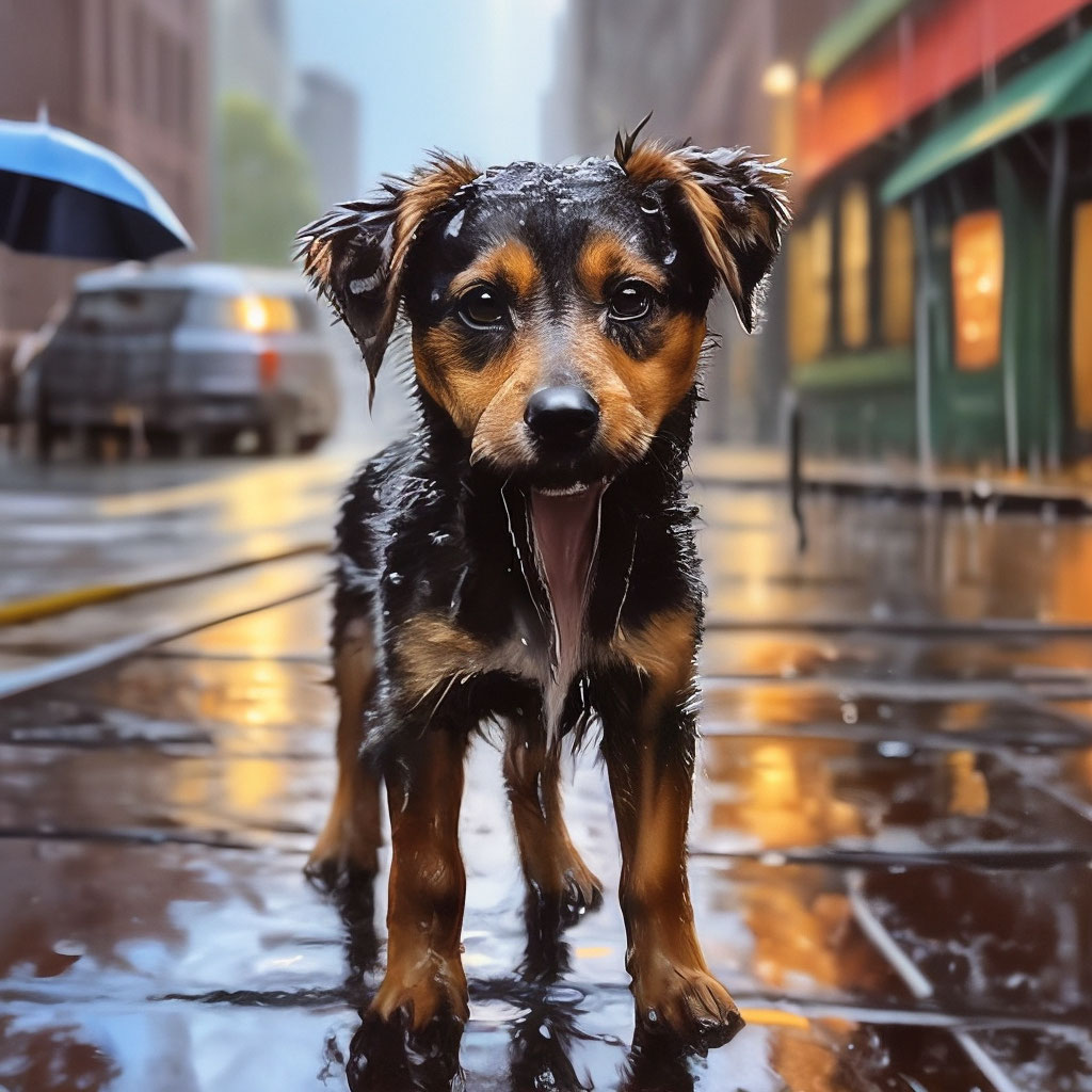 "A little sad mutt is walking down the street in the rain all wet ...