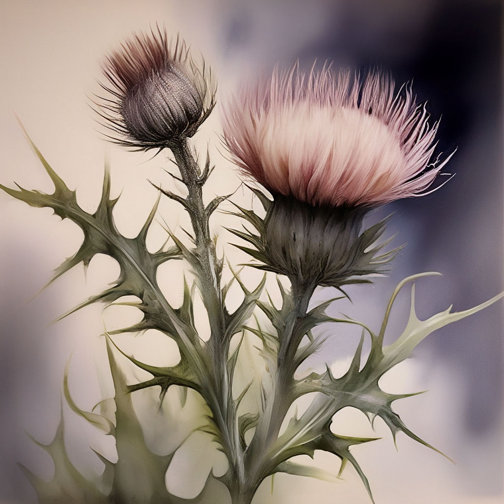 "Grisaille in watercolor, taupe, modern, art botanic, flowering thistle ...