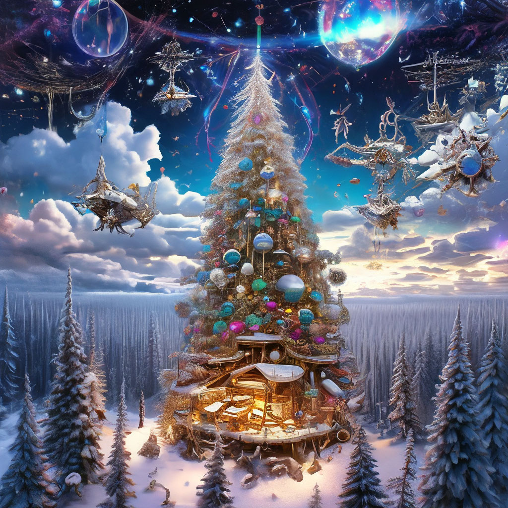 "Digital original sur, milky way, white clouds, forest, christmas tree ...