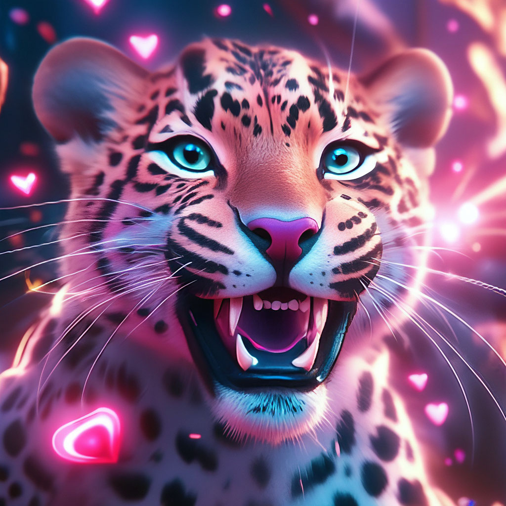 "💗 a magical pink leopard with huge shining eyes. smiling. around spots ...