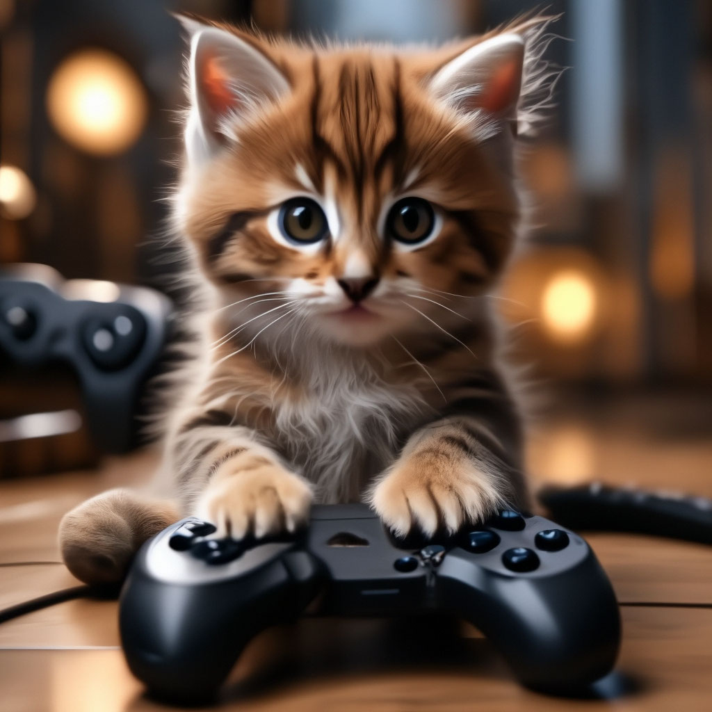 "The kitten is playing a playstation" — image created in Shedevrum
