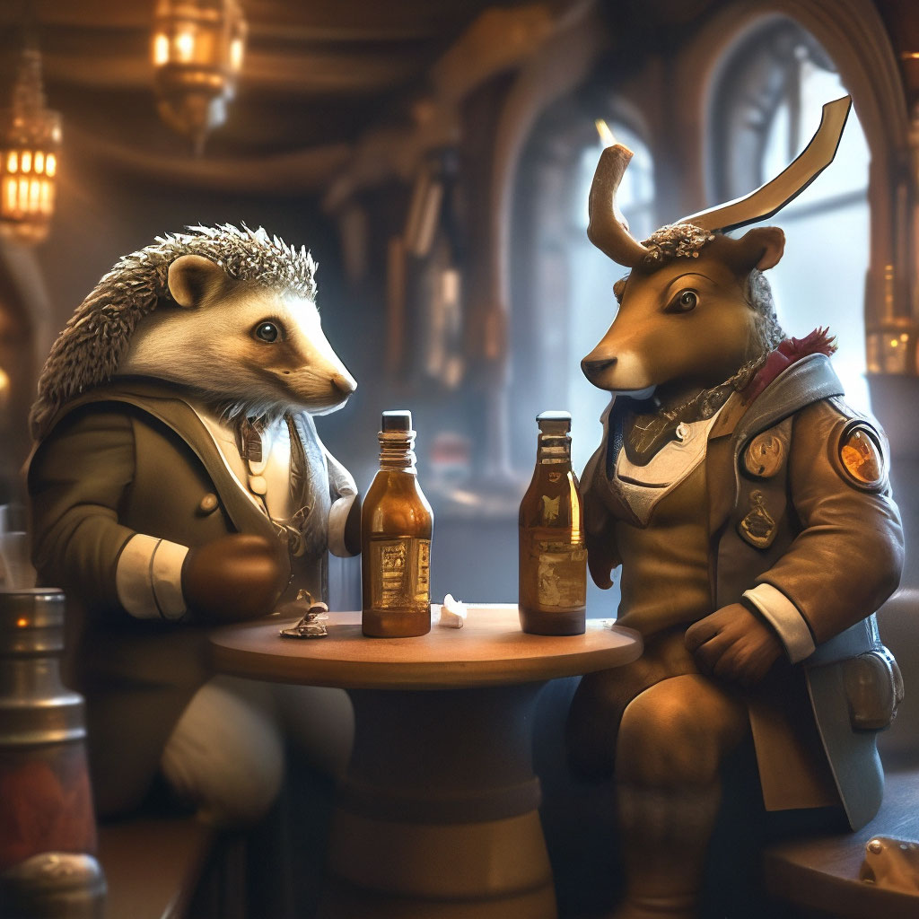 "A hedgehog and a bull with beer in their paws are sitting in an old ...
