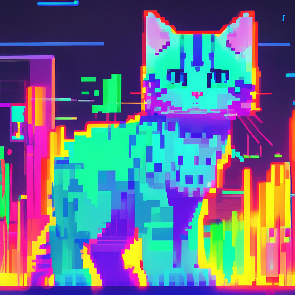 "Cat, pixel graphics, minecraft style, neon lighting" — image created ...