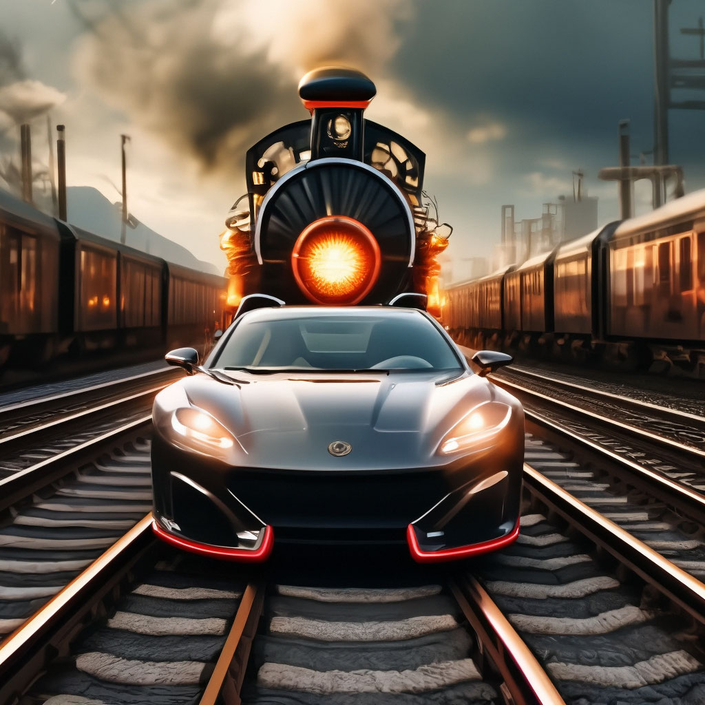 The car is epic chasing the Train))..." — image created in Shedevrum