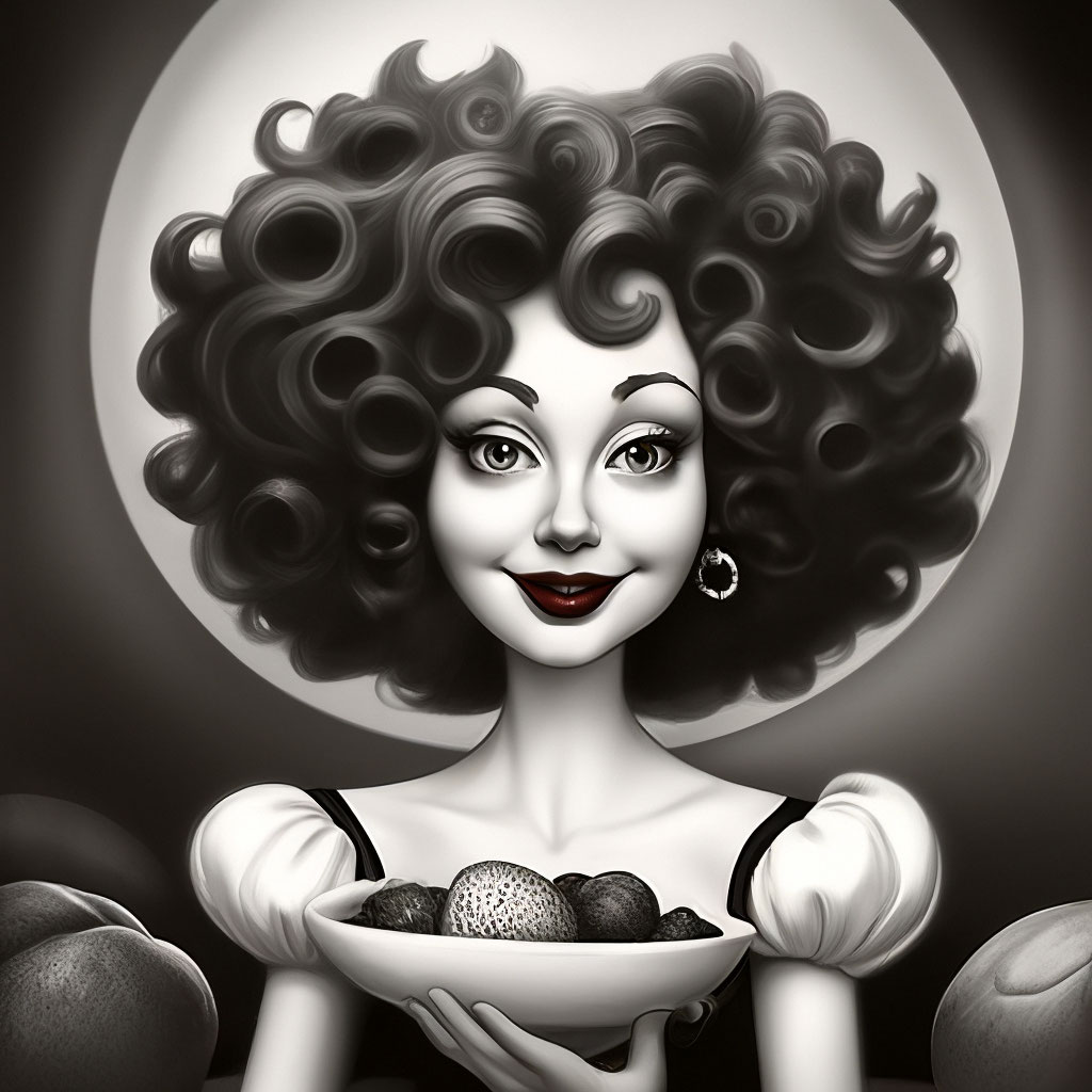 "Elegant potato lady, caricature, humor, curly, funny, creep,red ...