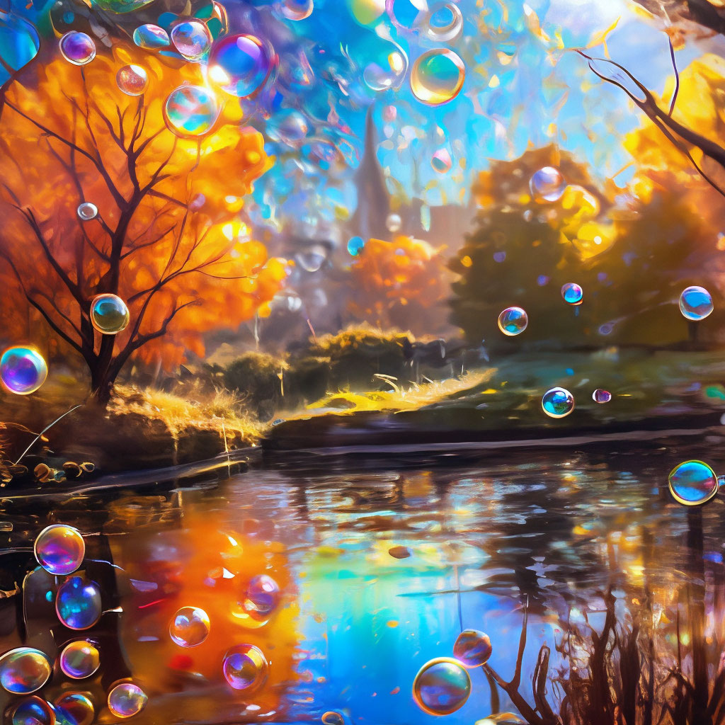 "Made entirely of large and small soap bubbles, autumn warm landscape ...