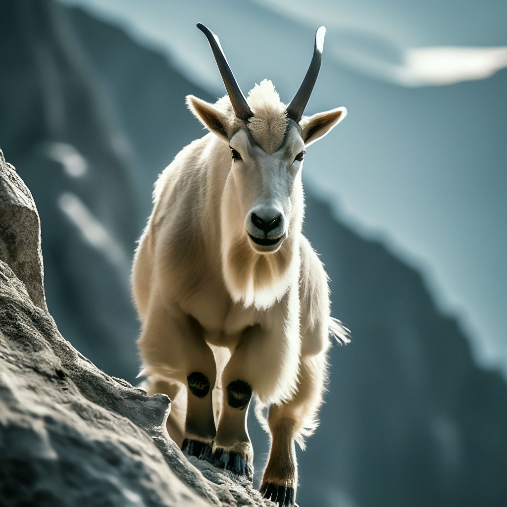 "A mountain goat on a steep cliff prepared to attack the muzzle looks ...