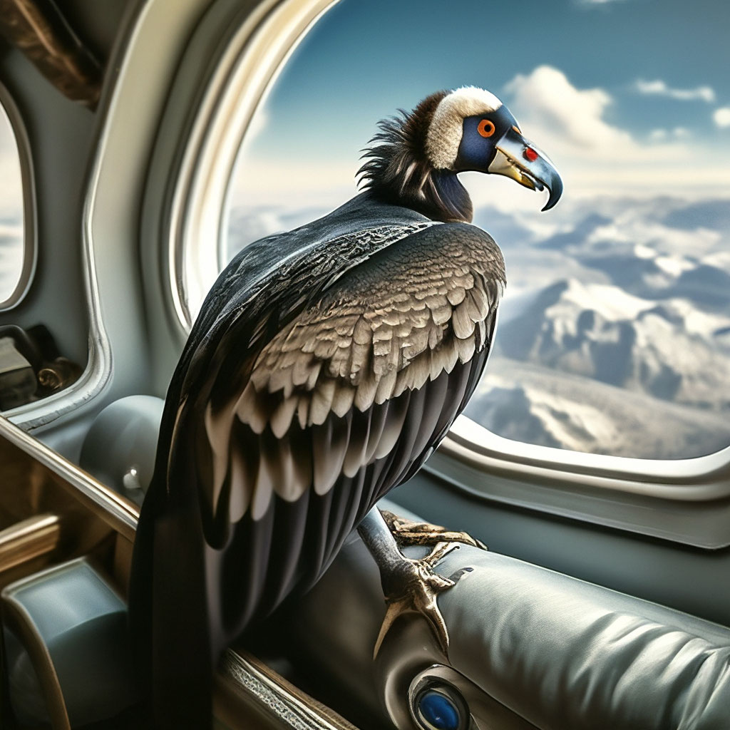 "🪶 the condor bird sits in the plane at the window and looks into it ...