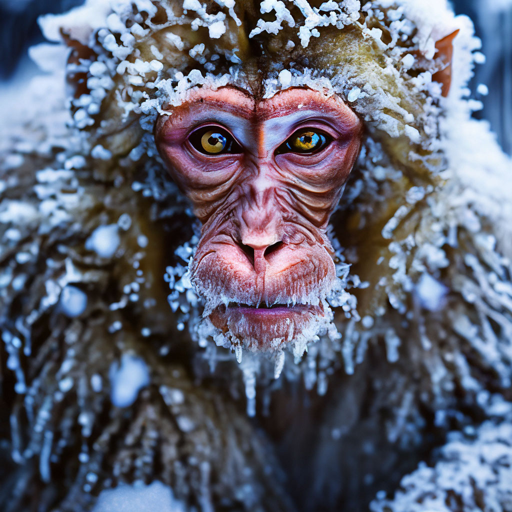 an extraordinarily beautiful monkey in a furako barrel, ice, snow, full ...