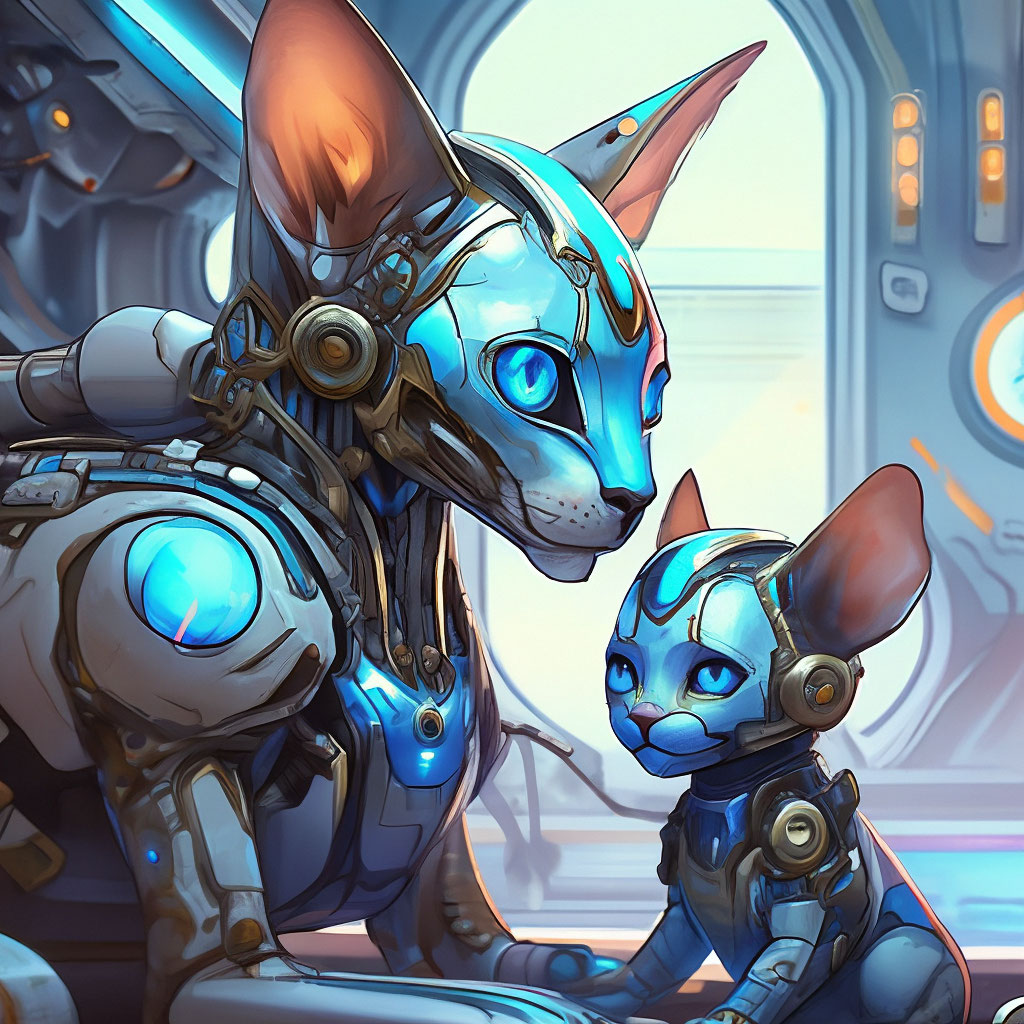 "Cute biomechanical kitten baby sphinx next to mom biorobot STIMPUNK ...