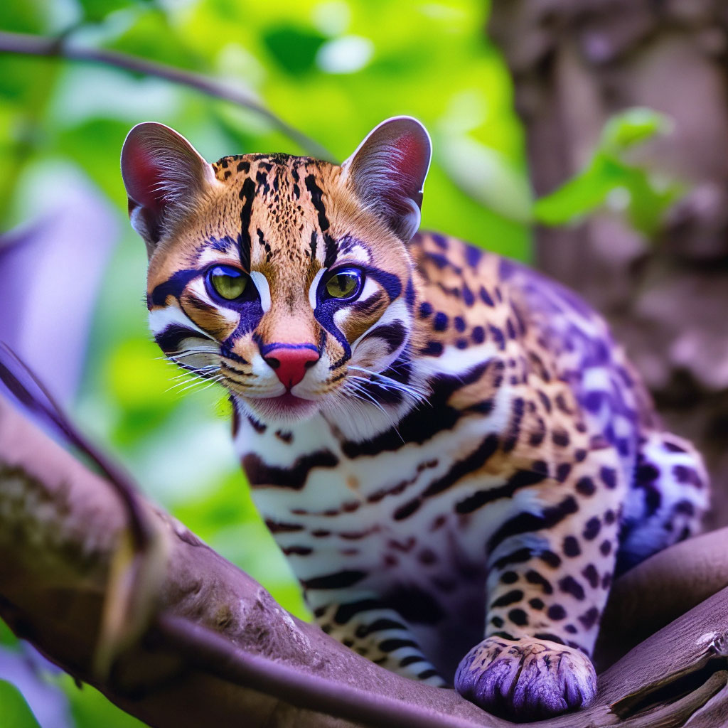 "A small ocelot with purple eyes on a tree on a spring" — image created ...