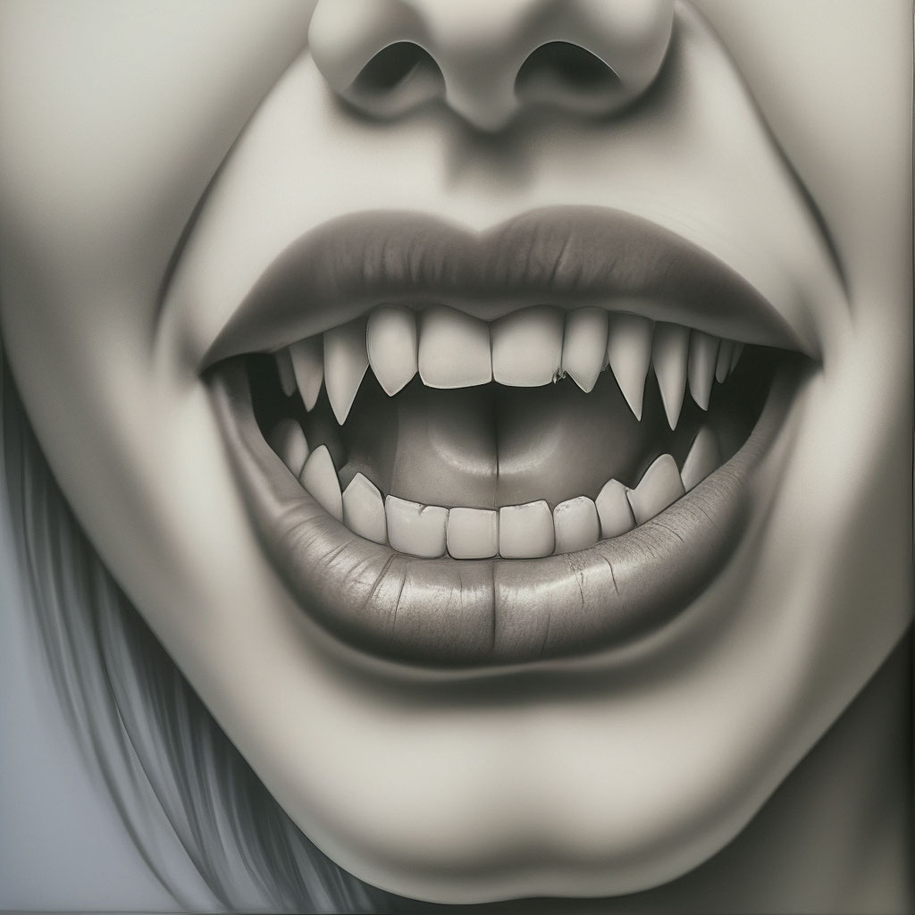 "Hyperrealism, pencil drawing, open lips, long fangs visible" — image ...
