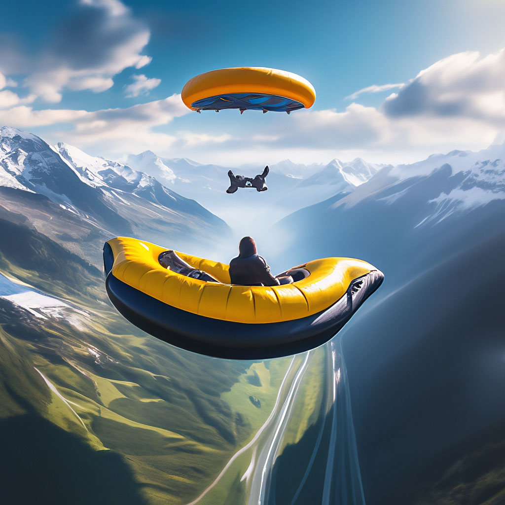 "Over the mountains, flying on an air mattress, a propeller attached to ...