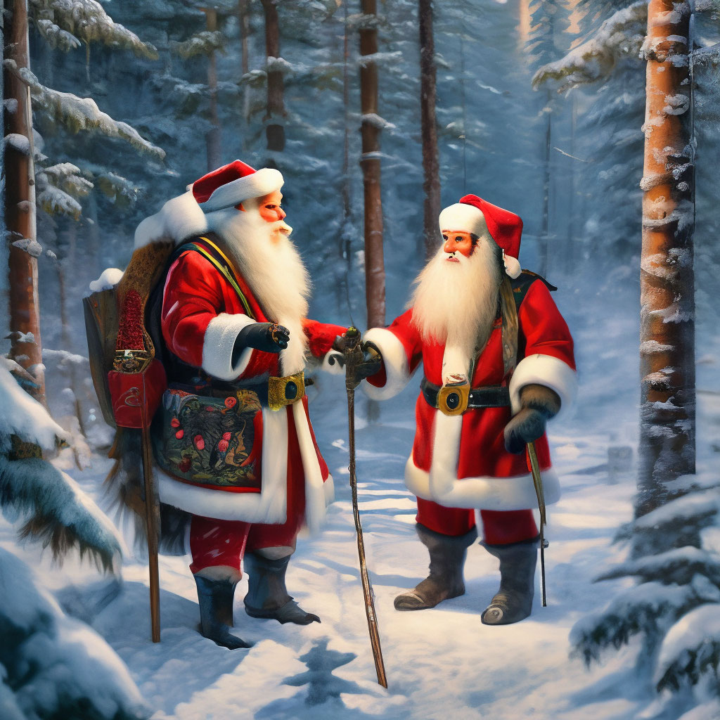 "Santa Claus met Santa in a snowy forest" — image created in Shedevrum