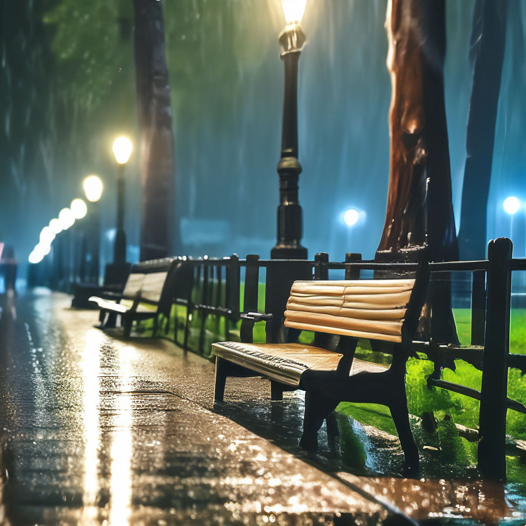 "Night, lantern, rain, park, bench, professional shooting, 72k" — image ...