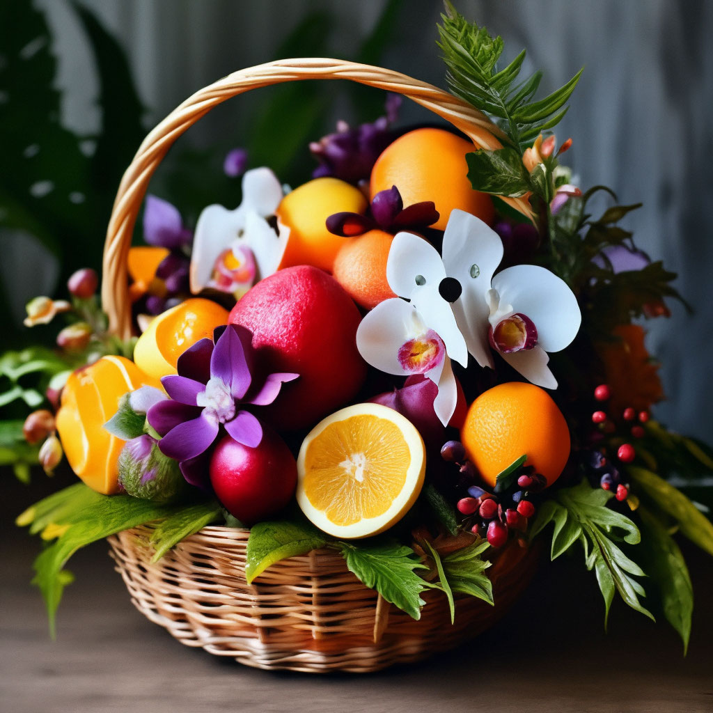 "A beautiful exotic composition of fruits and orchids, in a large ...