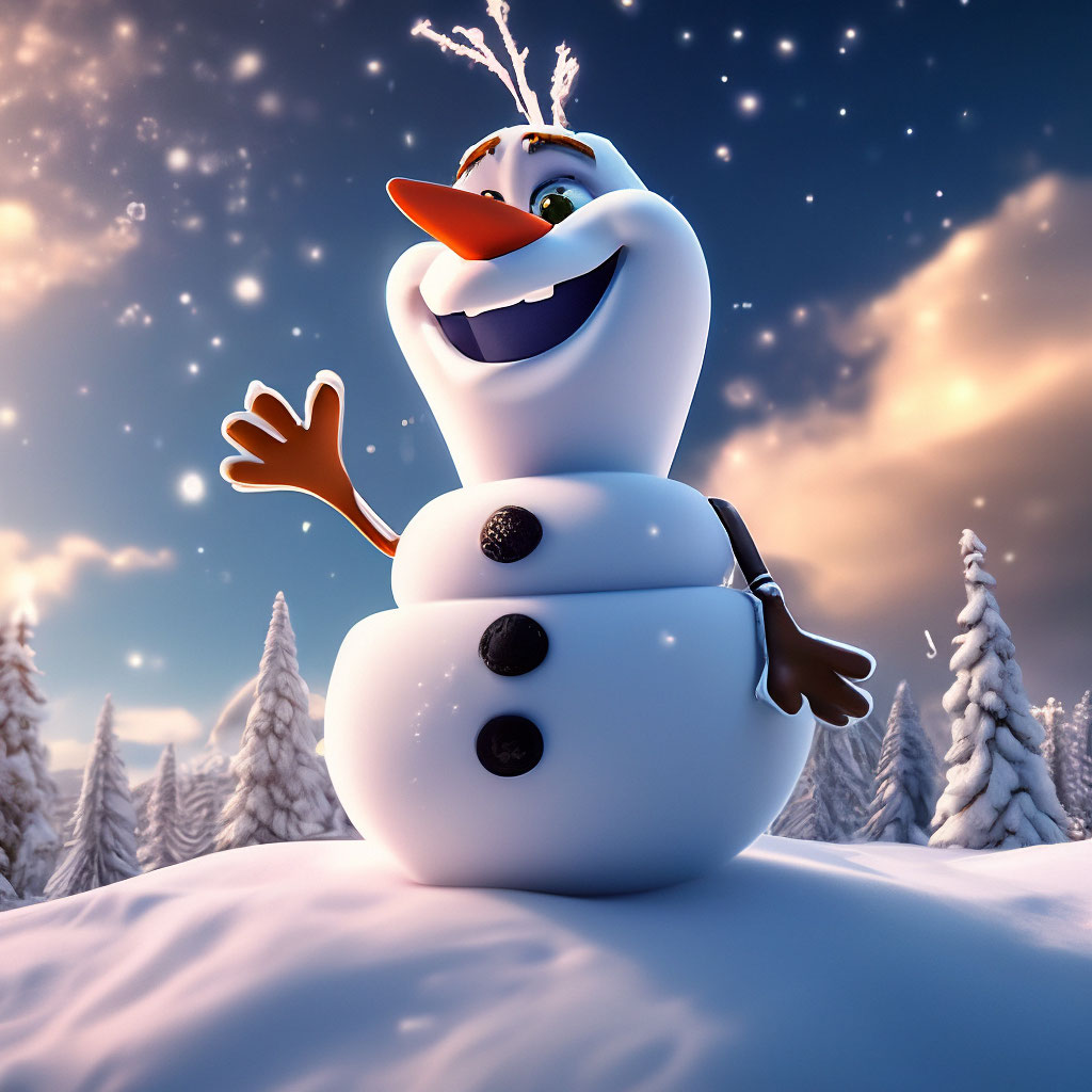 "Snowman Olaf with a cloud over warm depth soft light, shines, hyper ...