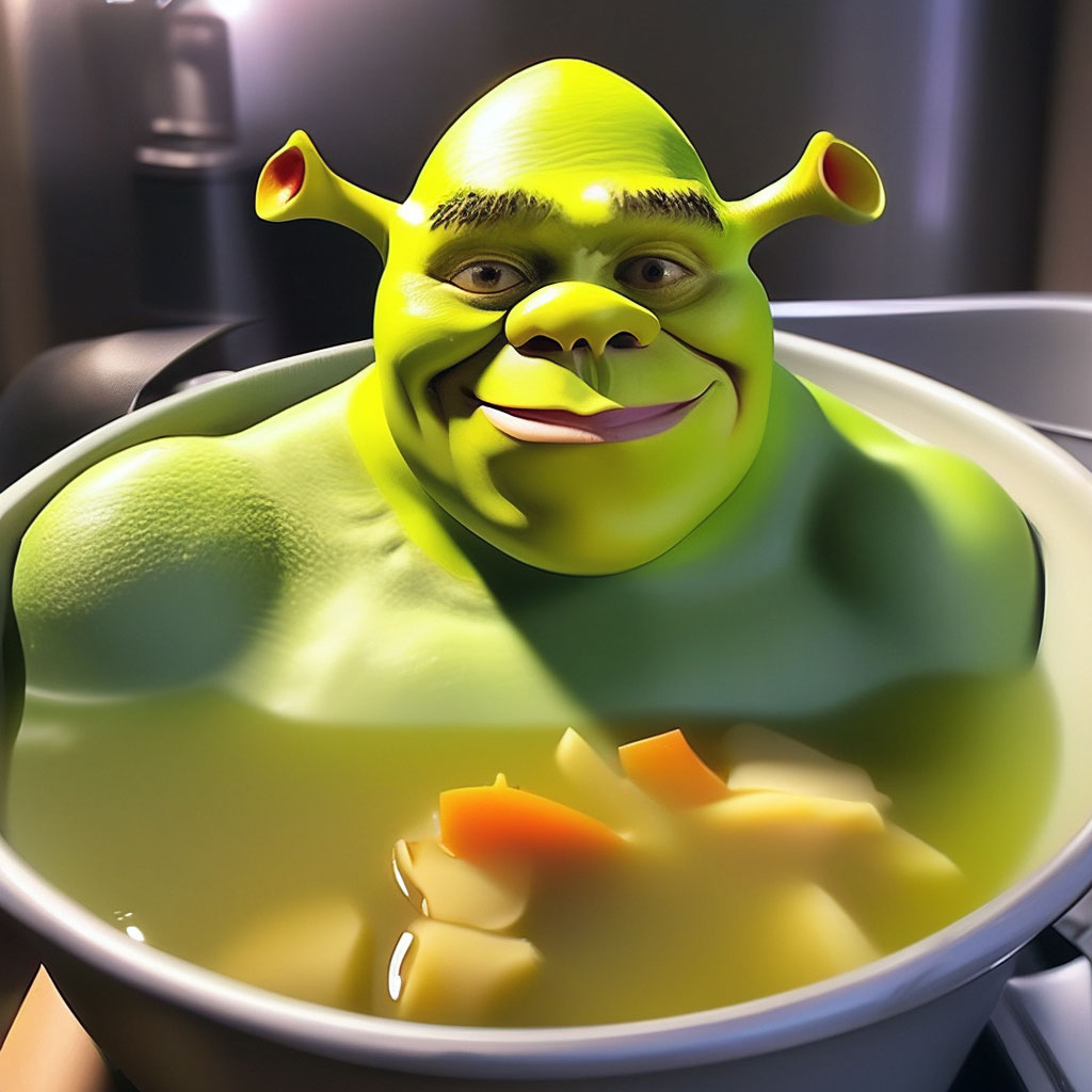 "Shrek in chicken broth" — image created in Shedevrum