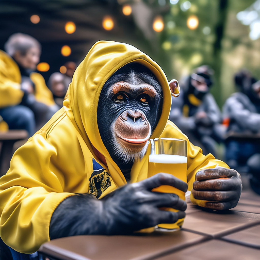 "Gopnik chimpanzee in yellow hoodie, squatting drinking beer ...