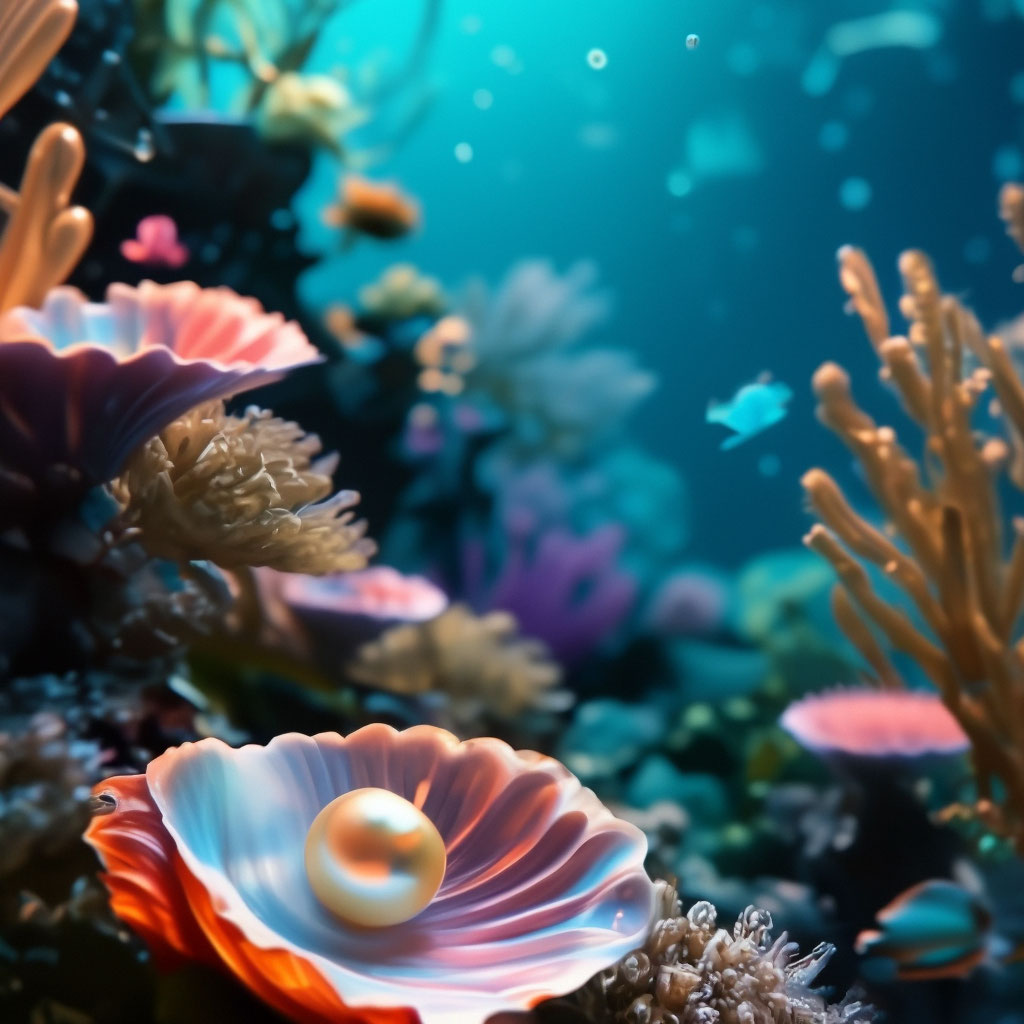 "The underwater world of the ocean reefs, algae, shells with pearls ...